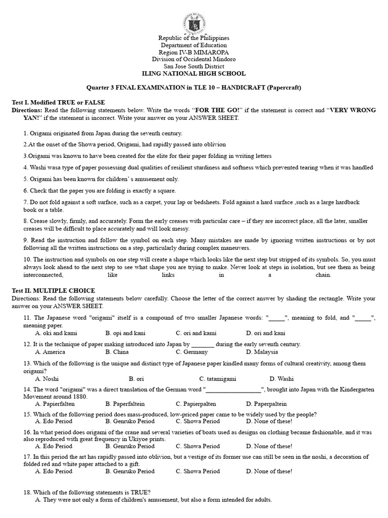 Quarter 3 Final Examination in Tle 10 Handicraft | PDF | Origami