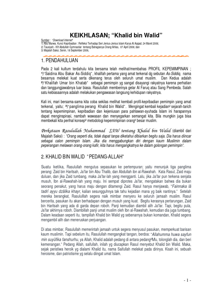 Keikhlasan Khalid Bin Walid | PDF