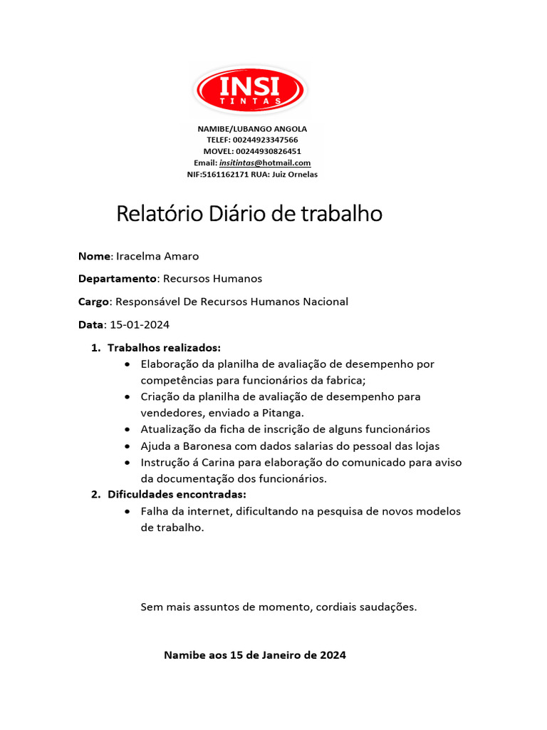 Relatório de trabalho 15-01-24 | PDF