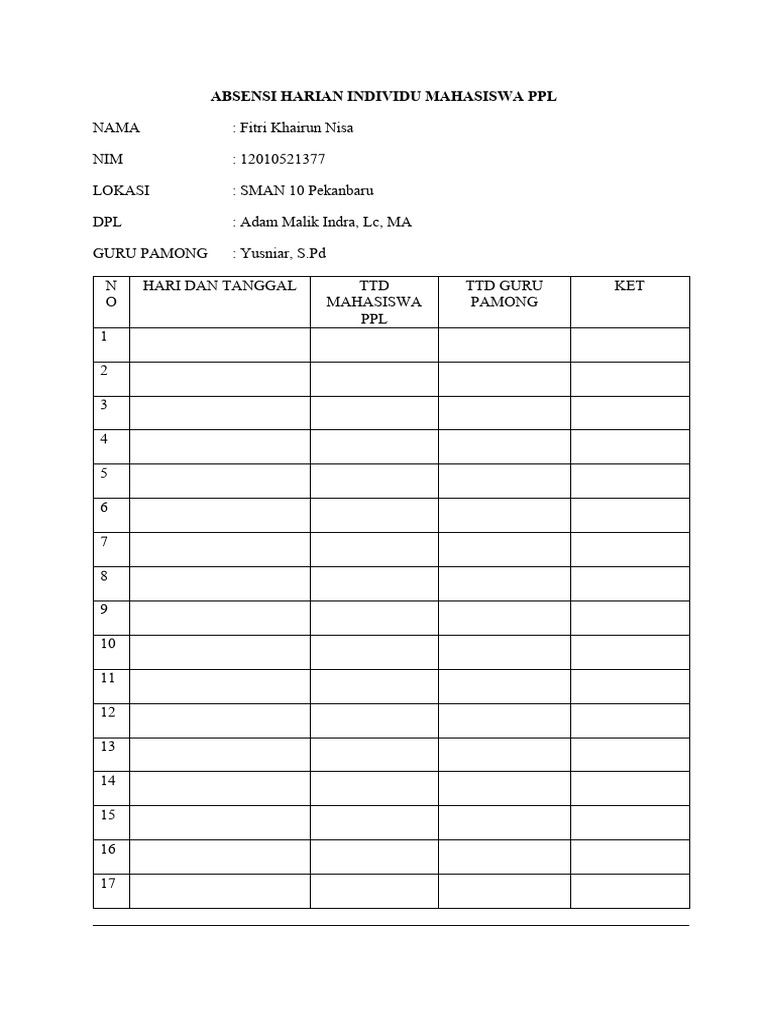 Absensi Harian Individu Mahasiswa PPL | PDF | Karier & Perkembangan