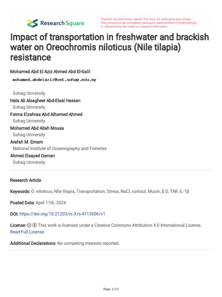 Impact of Transport on Nile Tilapia | PDF | Real Time Polymerase Chain ...
