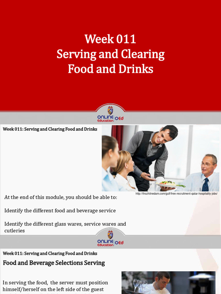 Week 011-Serving and Clearing Food and Drinks PPT | PDF | Menu | Wine