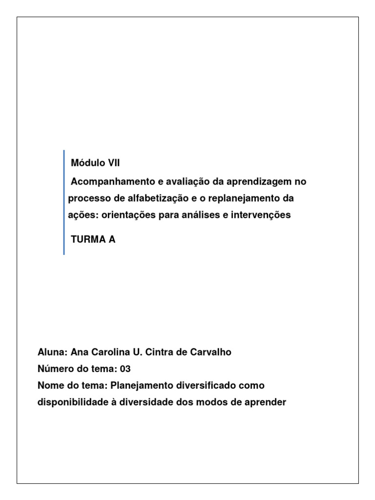 Atividade Avaliativa Módulo VII - Ana Carolina U. C. de CarvalhoTurma A | PDF | Aprendizado ...