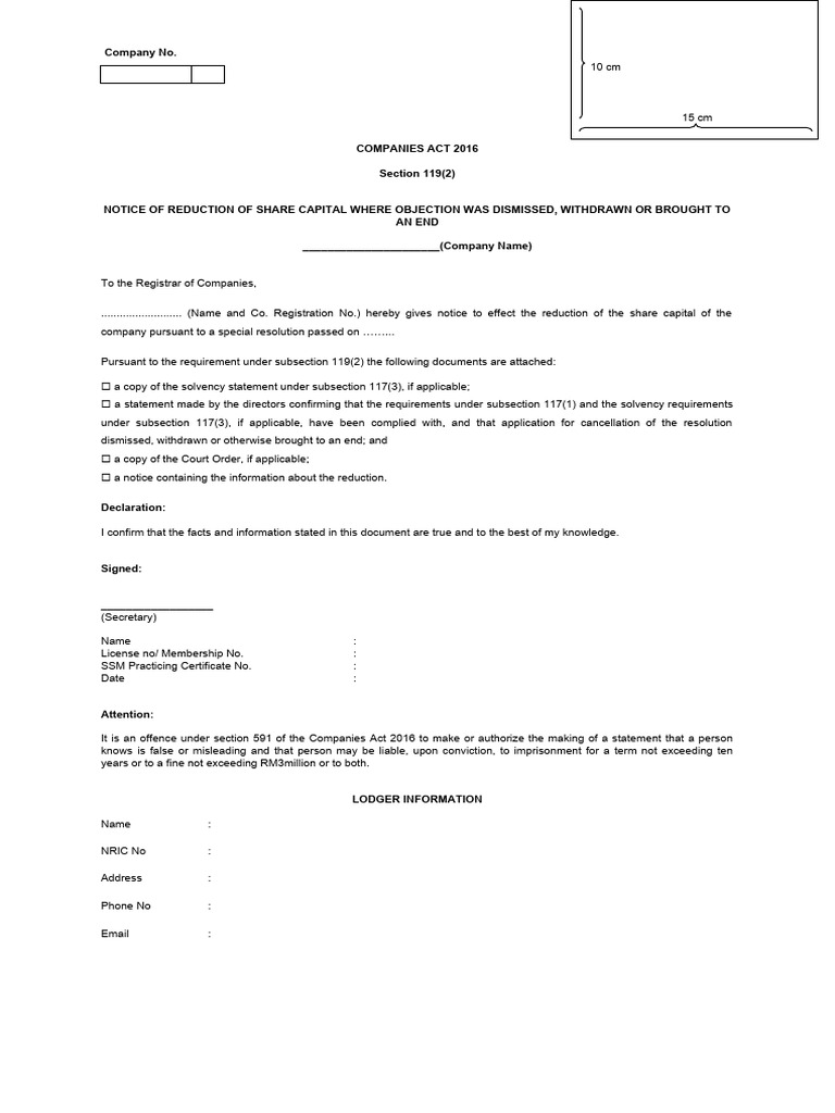 Notice To Effect The Reduction of Share Capital Where Objection Was ...
