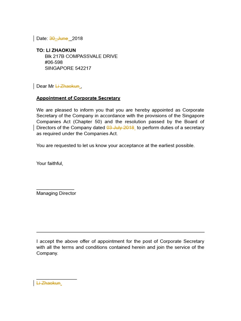 Appointment Letter for Corporate Secretary | PDF
