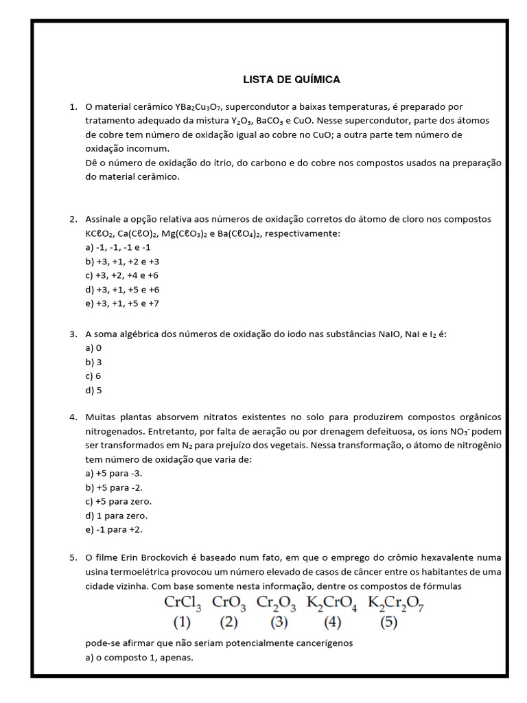 Lista de Exercícios - Nox - 4º Bimestre | PDF | Nitrogênio | Cobre