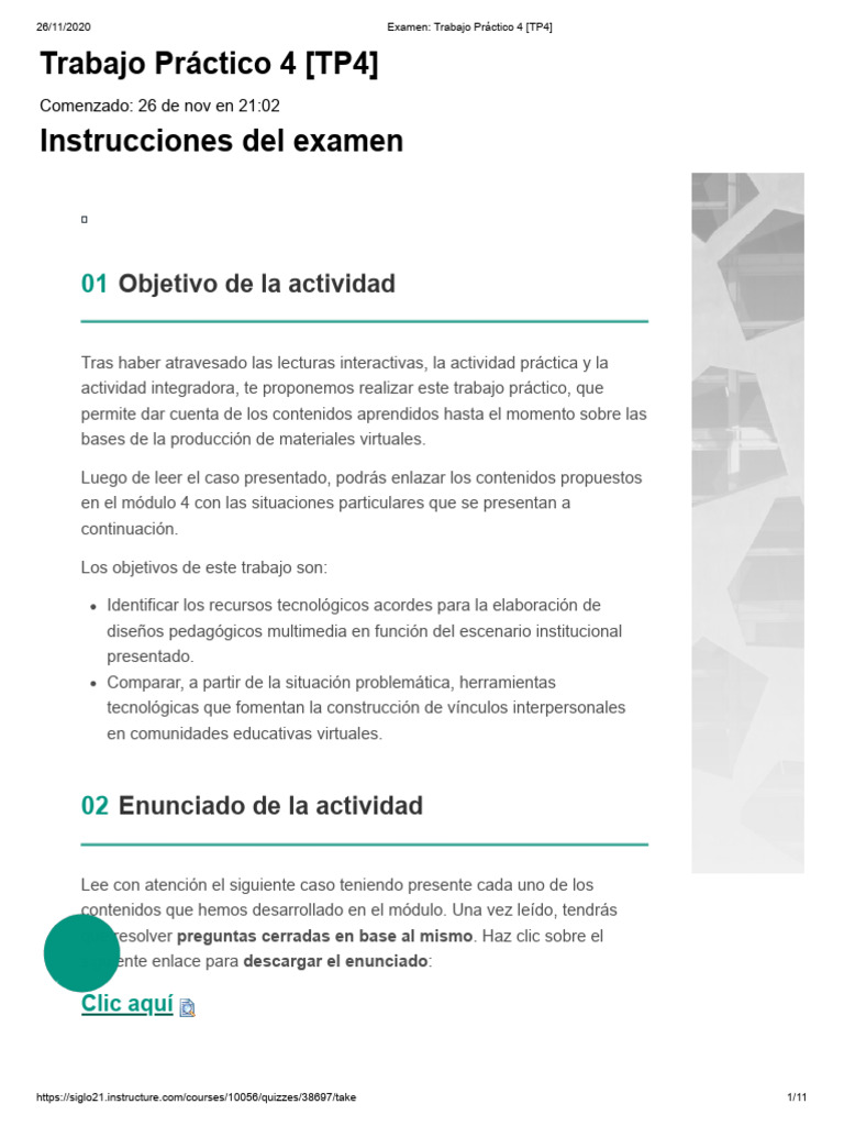 Examen - Trabajo Práctico 4 (TP4) | PDF | Diseño instruccional | Aprendizaje