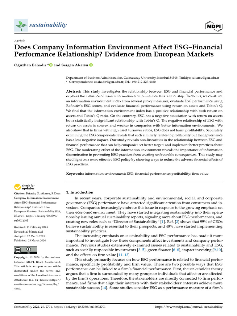 Does Company Information Environment Affect ESG-Financial Performance ...
