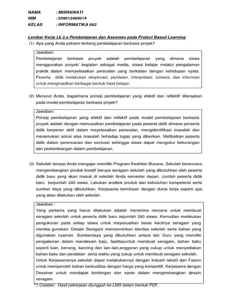 Lembar Kerja LK 2.a Pembelajaran Dan Asesmen Pada Project Based Learning | PDF