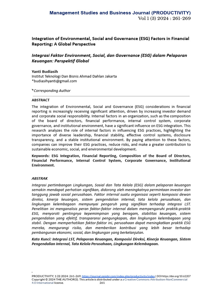 Budiasih, Y. (2024). Integration of Environmental, Social and Governance (ESG) Factors in ...