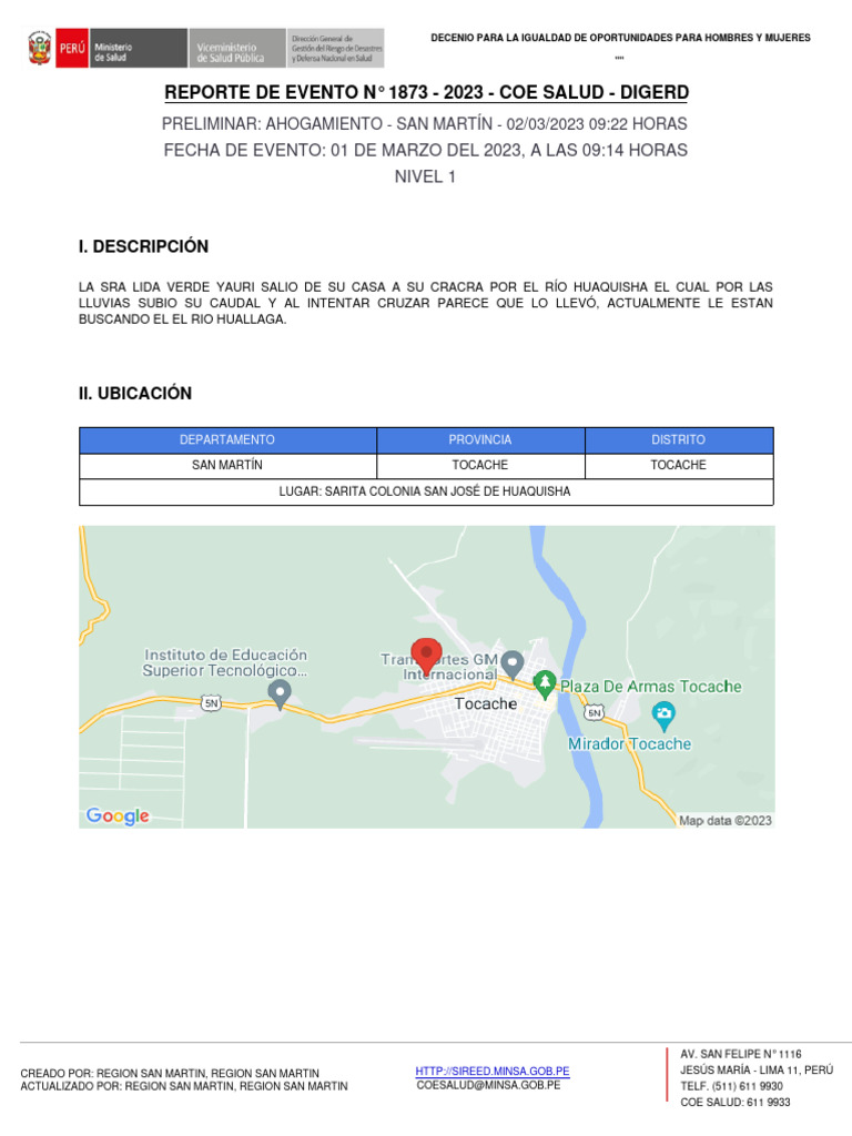 REPORTE DE EVENTO #1873 - 2023 - COE SALUD - DIGERD Ahogamiento | PDF