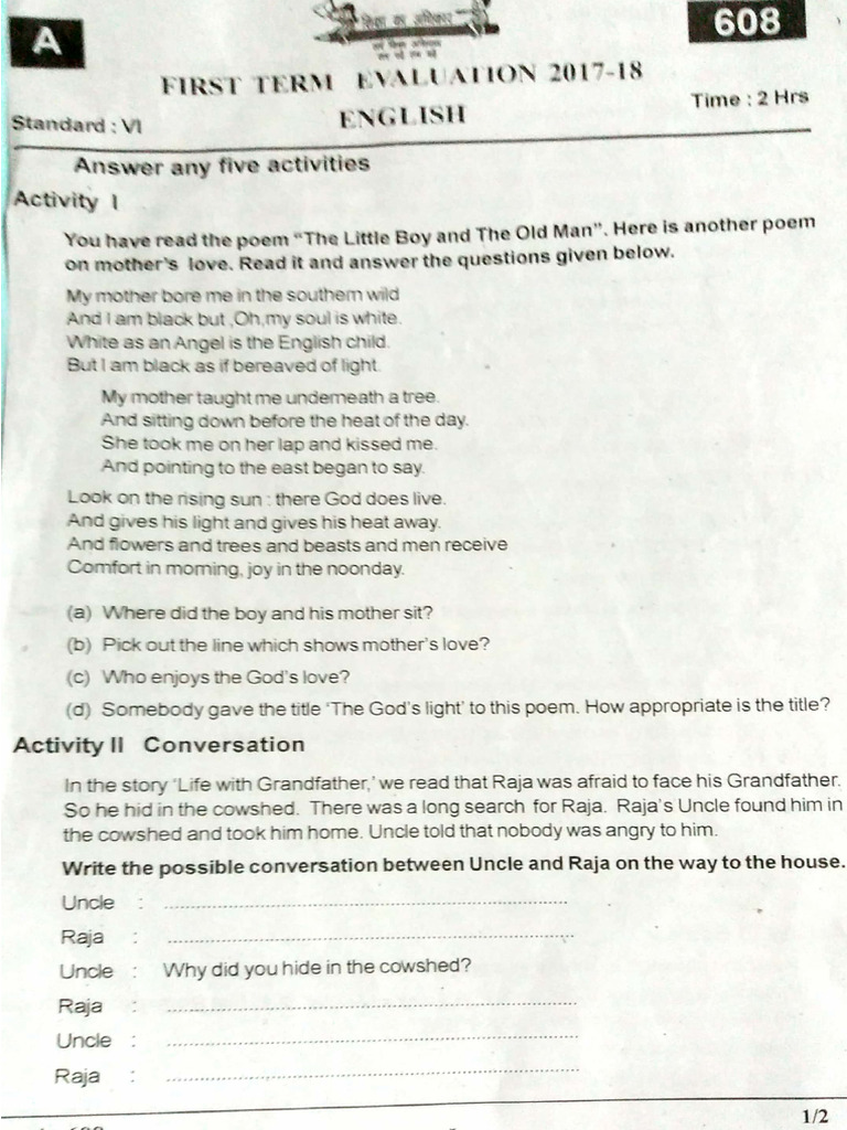 Kerala Onam First Term Exam 2017 STD VI Question Paper - English | PDF