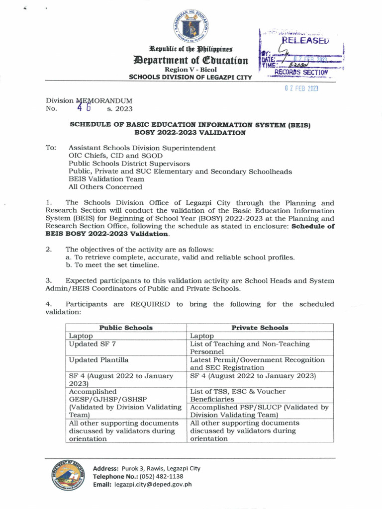DM No.46, S. 2023 Schedule of Basic Education Information System (BEIS ...