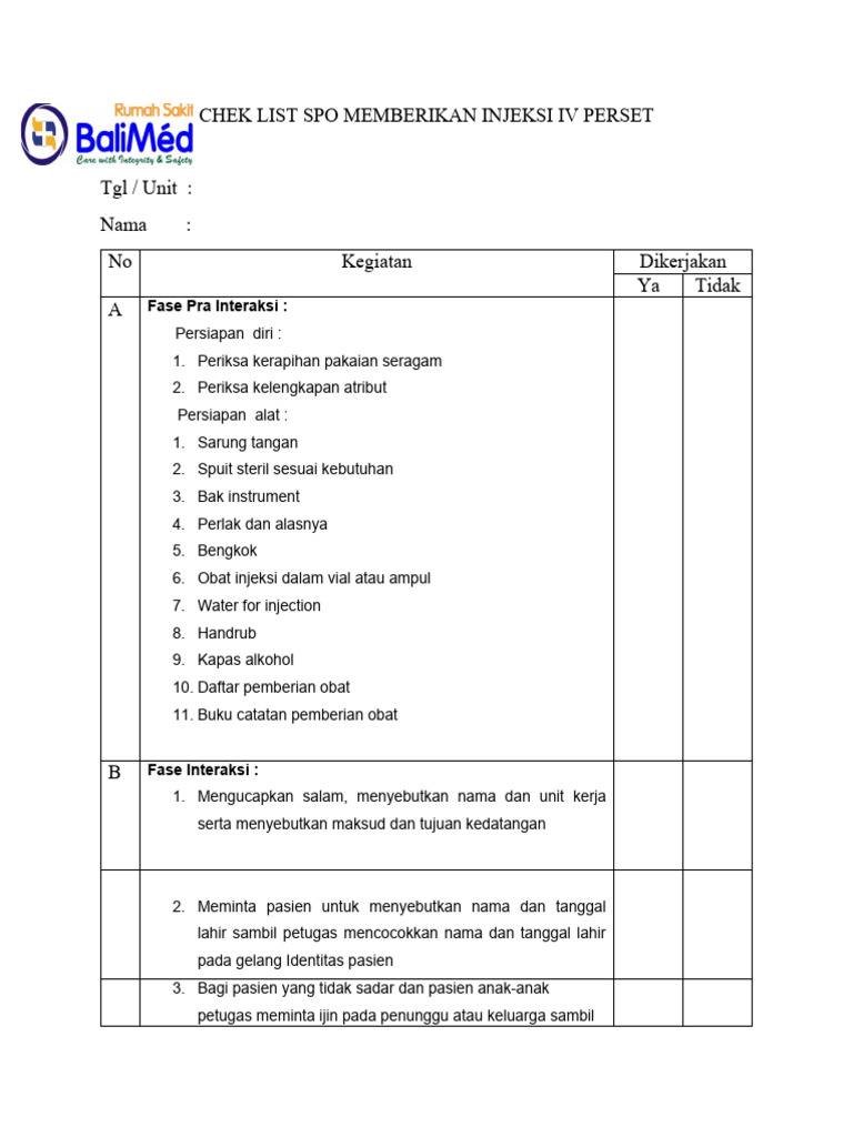 Chek List Spo Memberikan Injeksi IV Perset | PDF