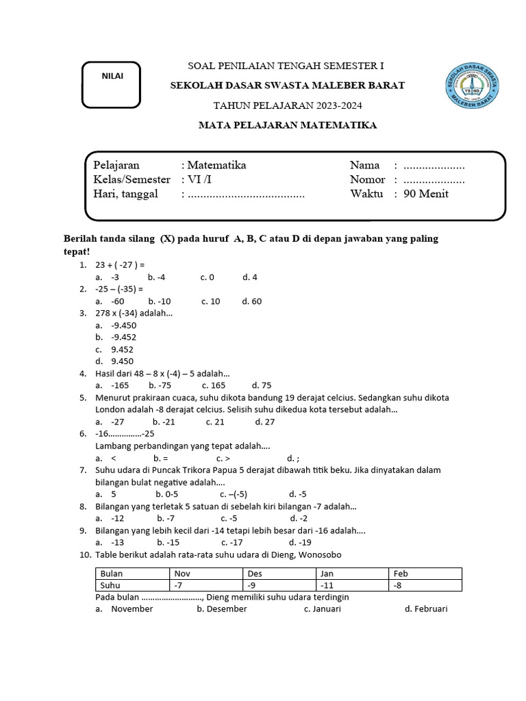 SOAL PENILAIAN TENGAH SEMESTER I MTK 6 | PDF