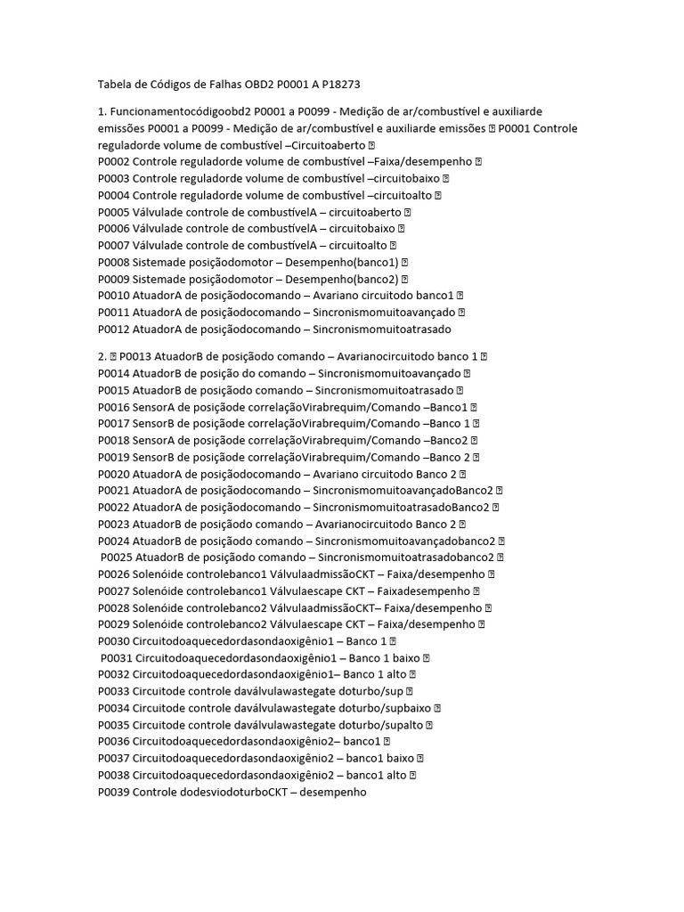 Tabela de Códigos de Falhas OBD2 P0001 A P18273 | PDF | Motores | Engenharia Mecânica