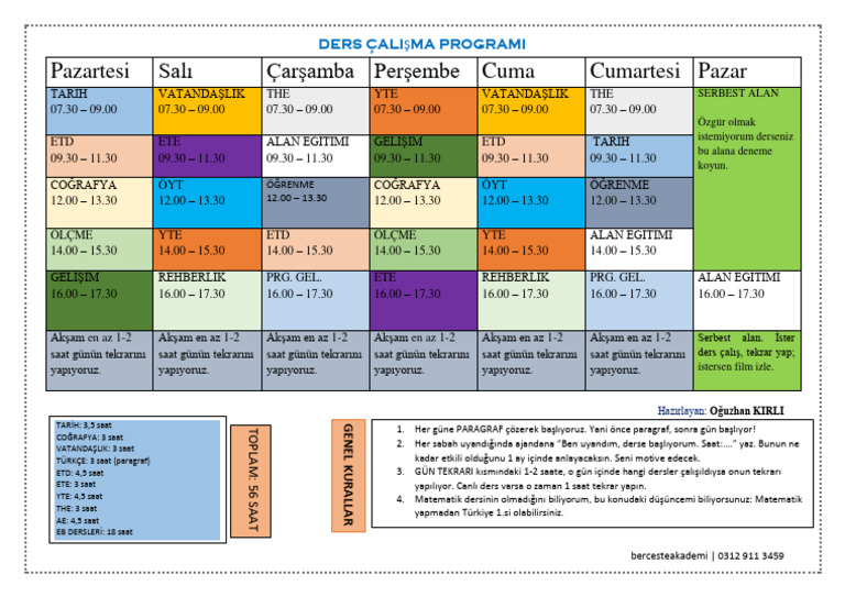 Pazartesi Salı Çarşamba Perşembe Cuma Cumartesi Pazar: Ders Çalişma ...