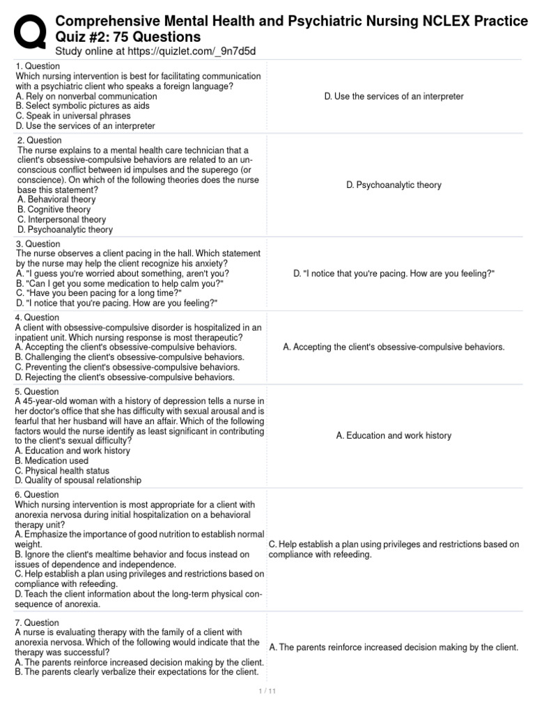 Mental Health Nursing NCLEX Quiz #2 | PDF | Dementia | Anxiety Disorder