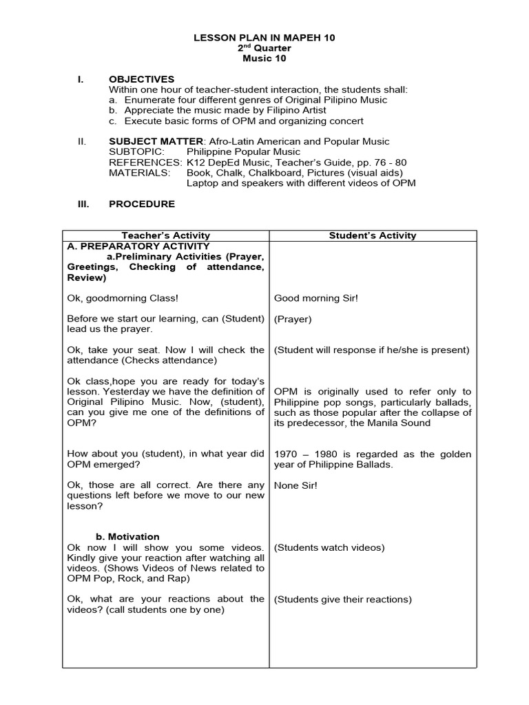 DETAILED LESSON PLAN Music | PDF | Popular Music | Musicology