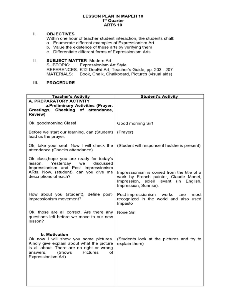 DETAILED-LESSON-PLAN-arts | PDF | Impressionism | Expressionism DETAILED-LESSON-PLAN-arts | PDF | Impressionism | Expressionism
