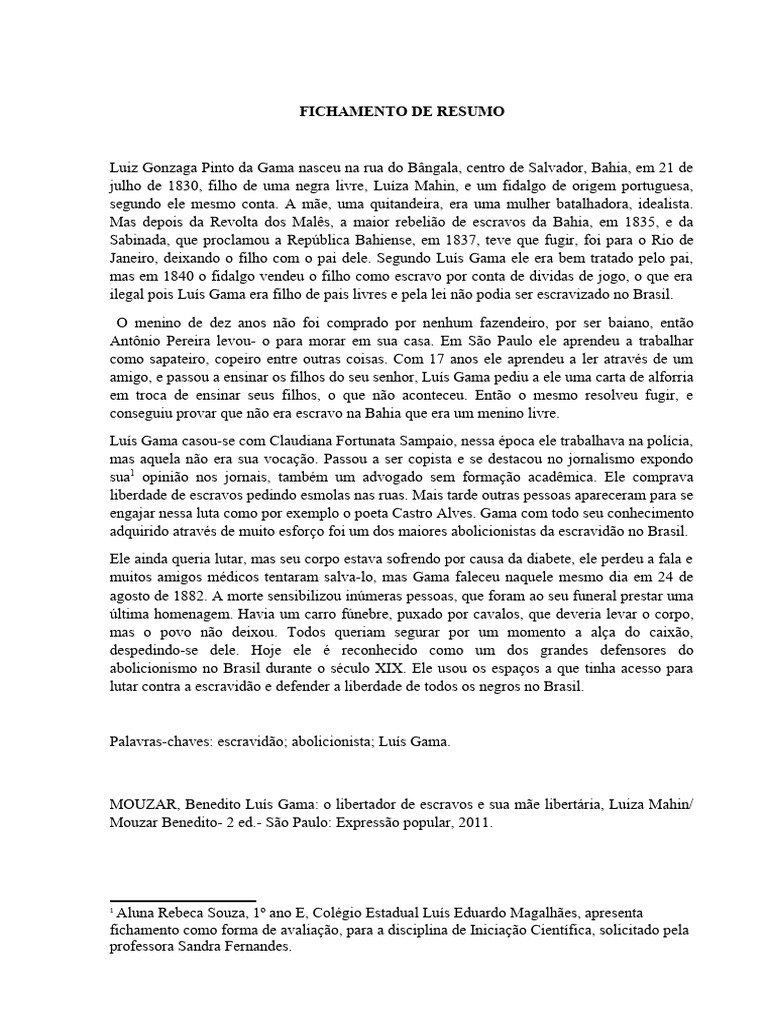 Biografia de Luiz Gama e sua luta abolicionista | PDF | Brasil | Escravidão