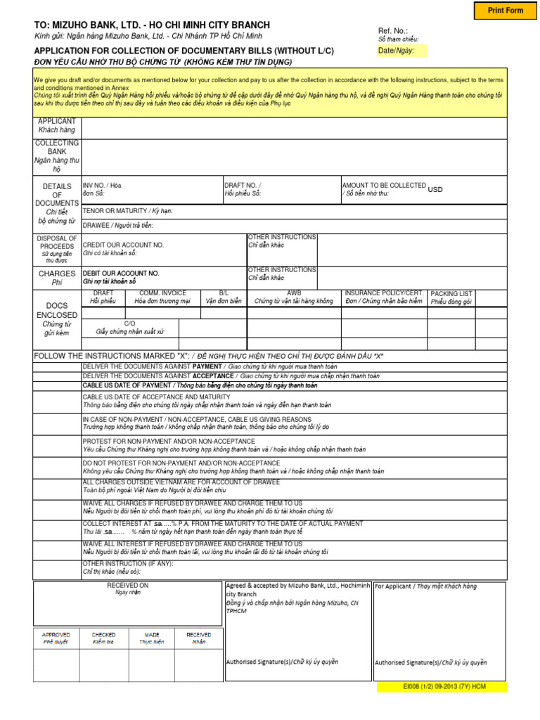 HCM Application For Collection of Documentary Bills Without LC | PDF