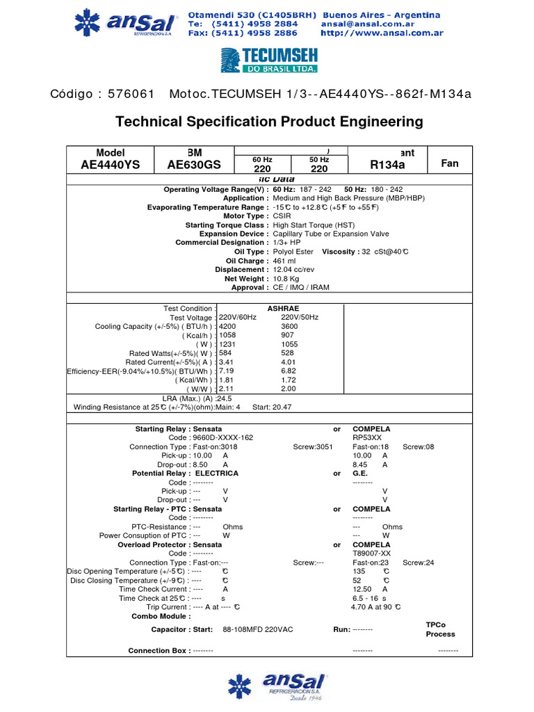 Technical Specification Product Engineering: Código: 576061 Motoc - TECUMSEH 1/3 - AE4440YS ...