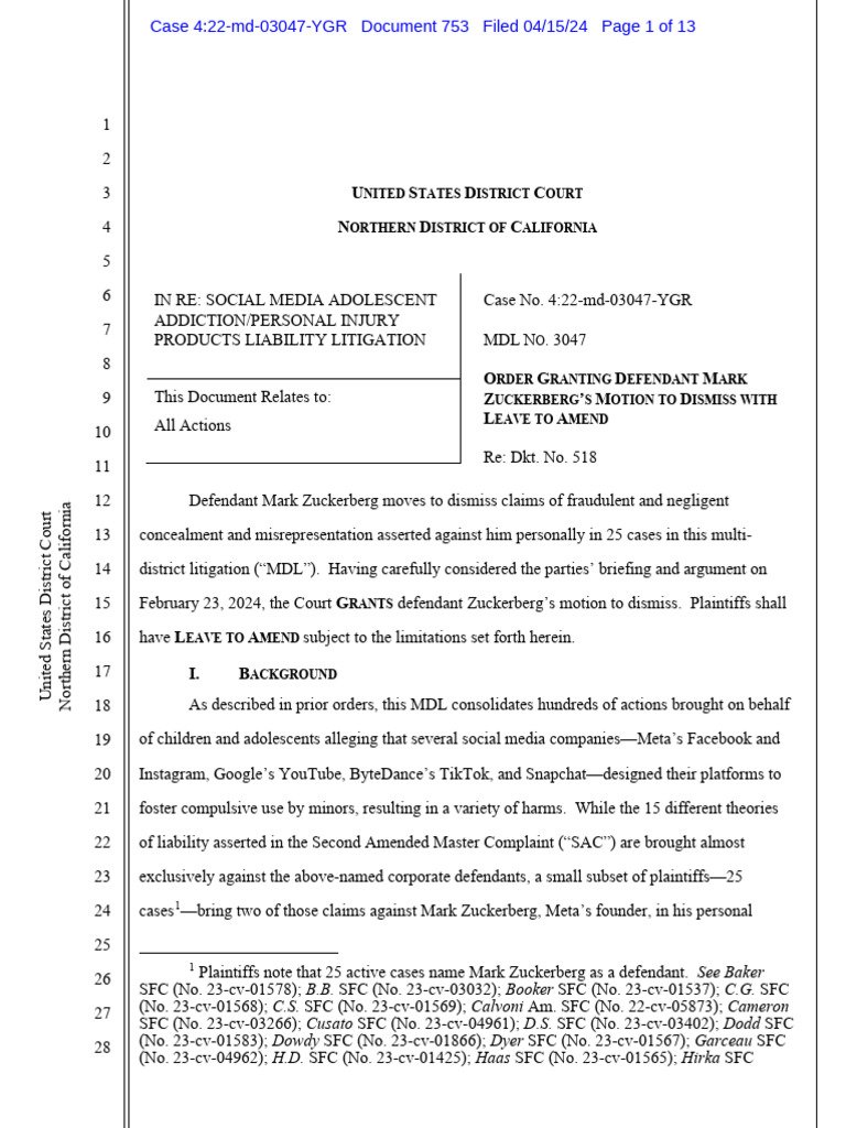 Zuckerberg Dismissal 20240415 | PDF | Negligence | Complaint