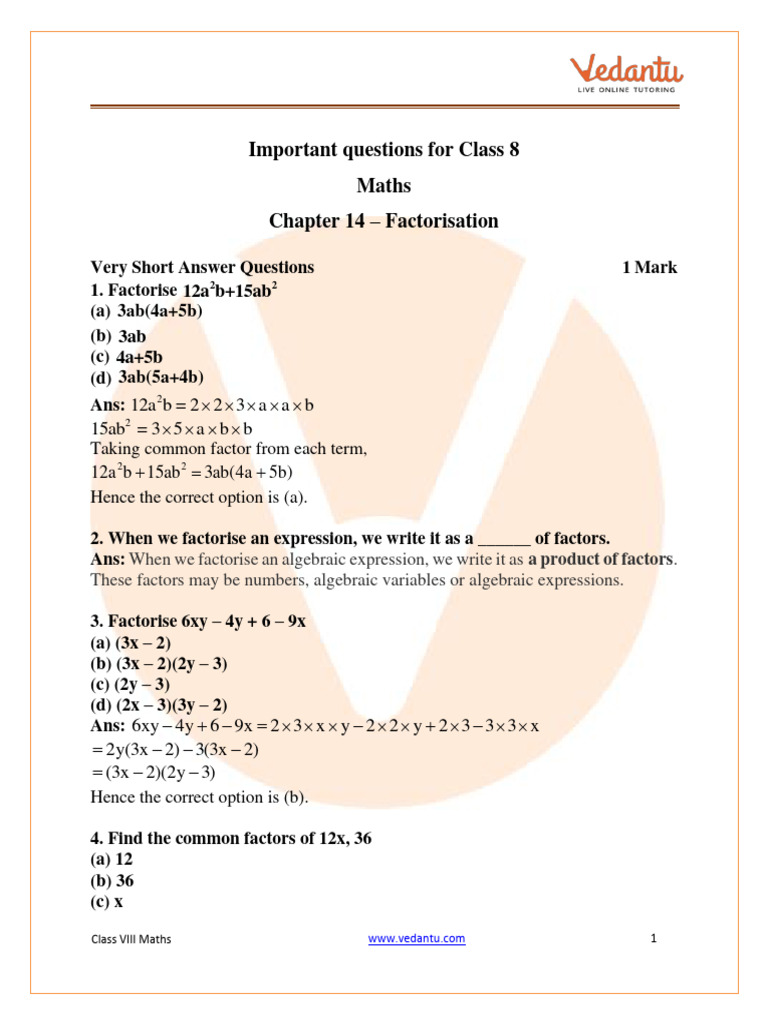 Class 8 Factorization Questions Guide | PDF | Mathematics | Algebra