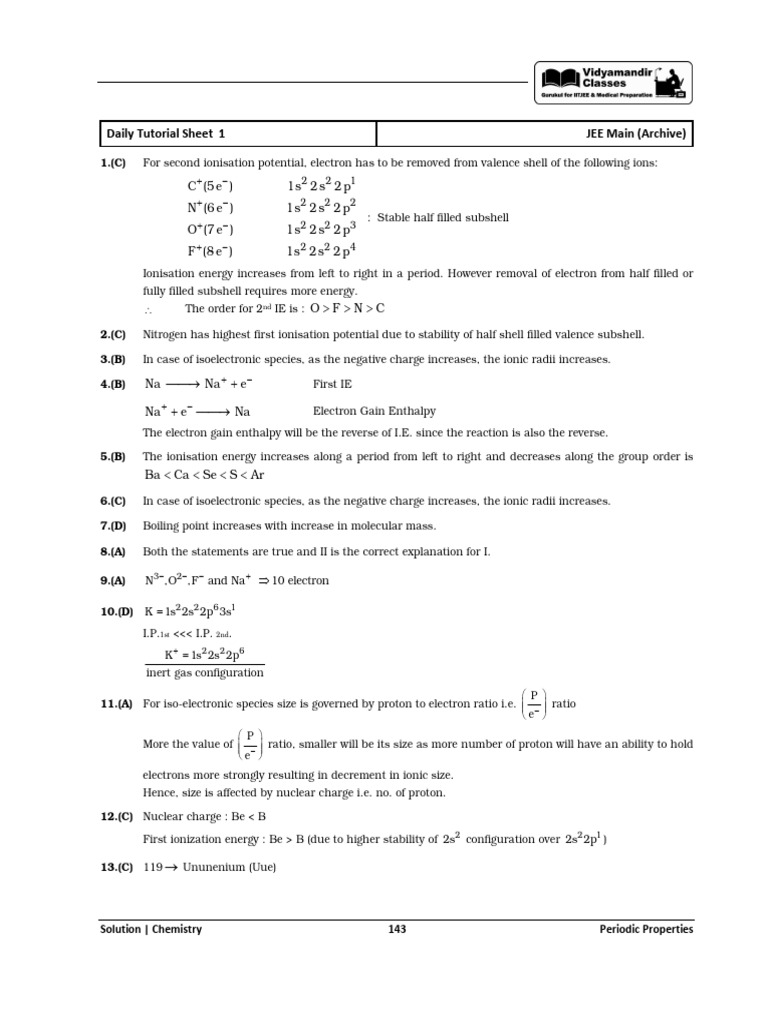 Periodic Properties Solution - DTS-1 - JEE Main Archive | Download Free ... Periodic Properties Solution - DTS-1 - JEE Main Archive | Download Free ...