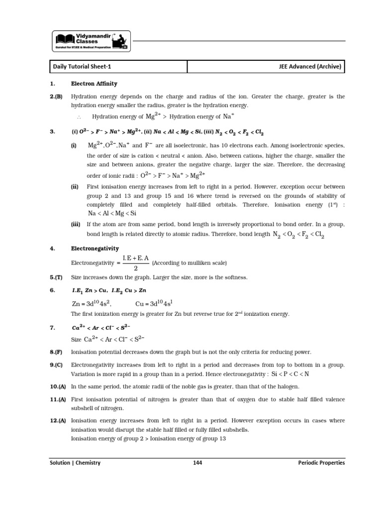 Periodic Properties Solution - DTS-1 - JEE Adv Archive | PDF | Ion ...