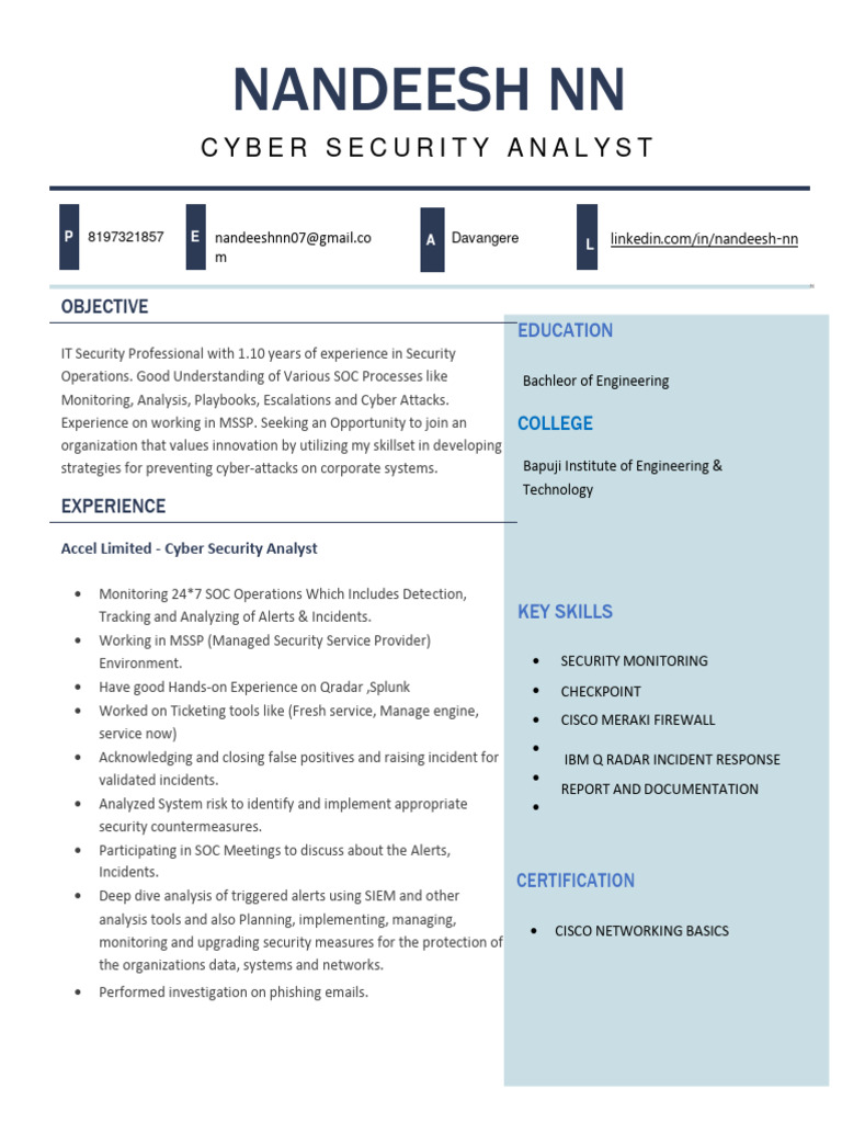 Nandeesh NN Resume 2023 | PDF | Security | Computer Security
