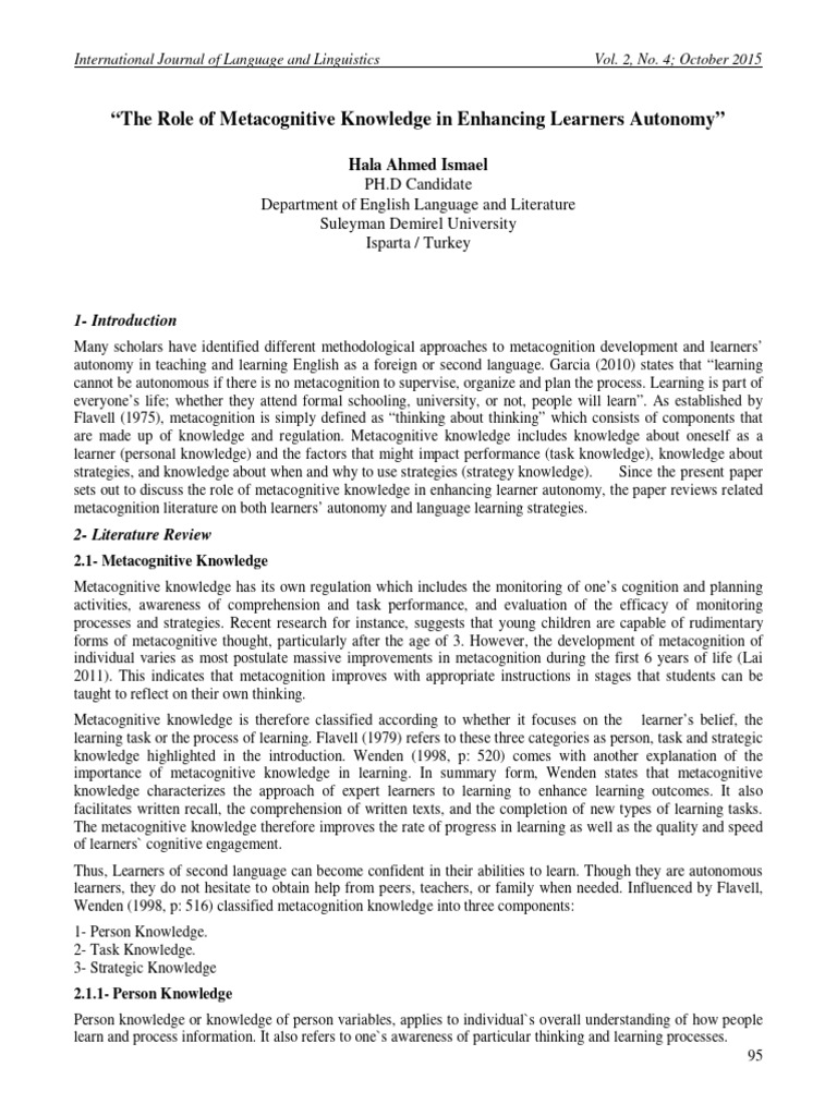Metacognitive Knowledge and Learner Autonomy | PDF | Metacognition | Learning