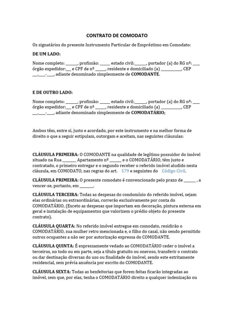 Modelo de Contrato de Comodato para Preencher Word | PDF