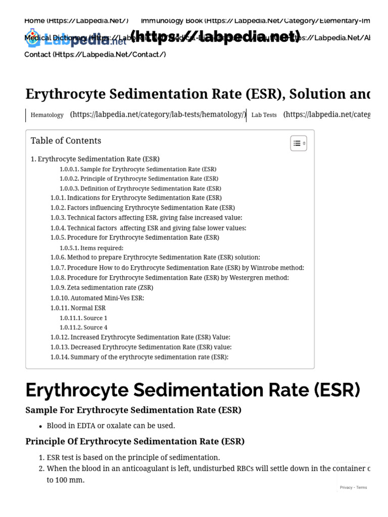 Erythrocyte Sedimentation Rate (ESR) Solution and Procedure | PDF ...