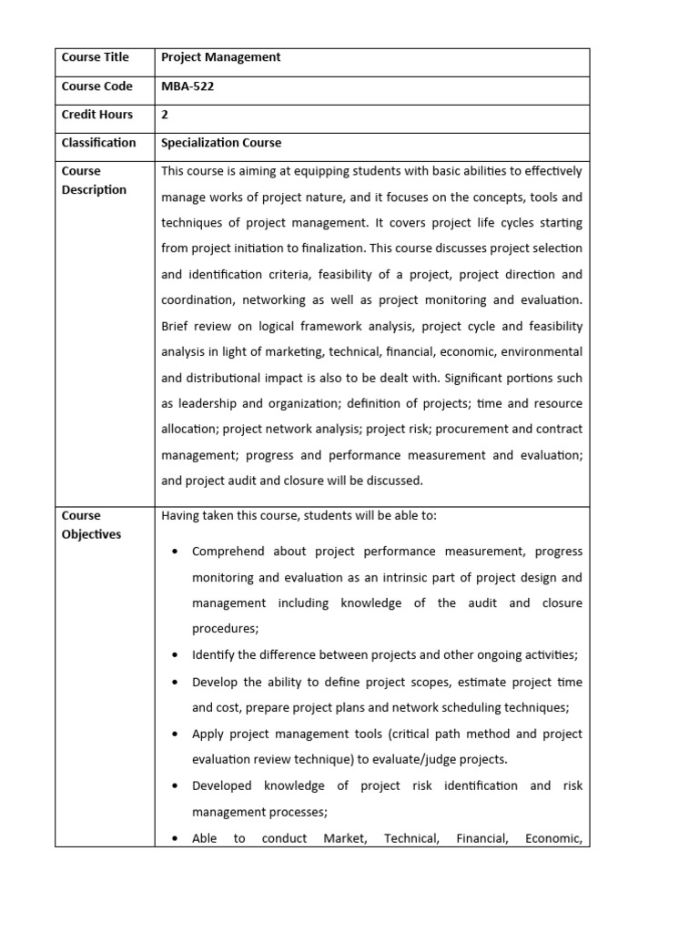 Project Management. Course outline docx | PDF | Project Management ...
