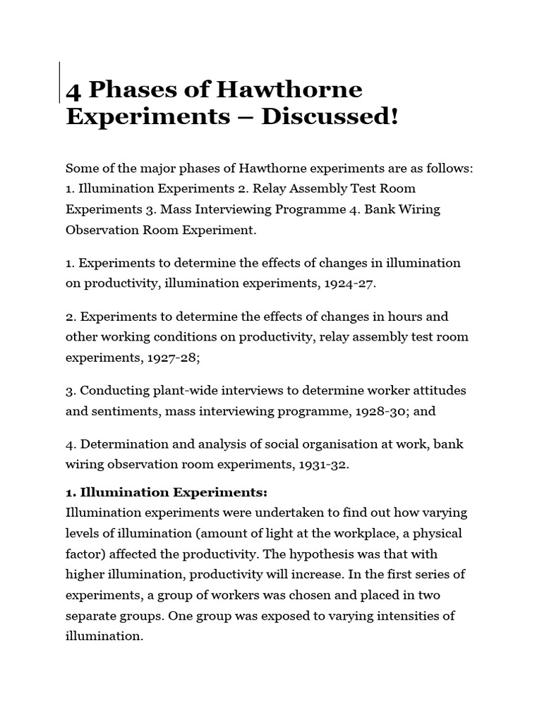 4 Phases of Hawthorne Experiments | PDF | System | Experiment