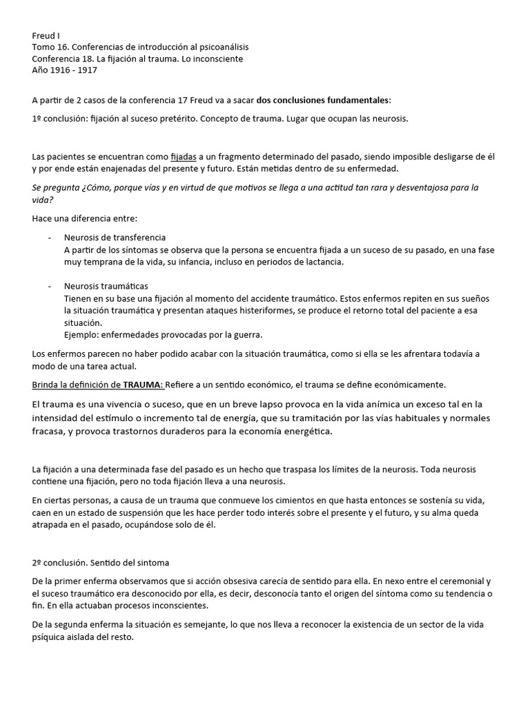 Freud I - Clase 4.0 - Conferencia 18 La fijacion al trauma%2c lo ...