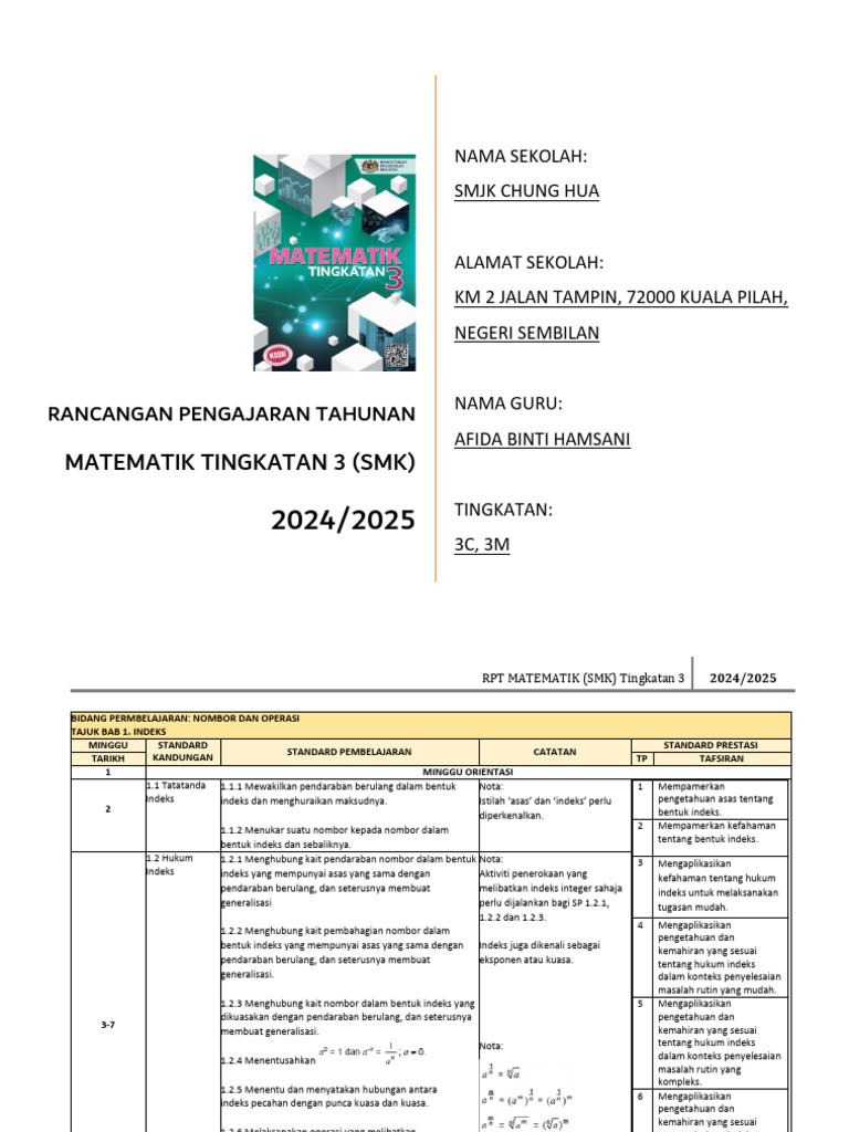 RPT Matematik Tingkatan 3 2024 | PDF