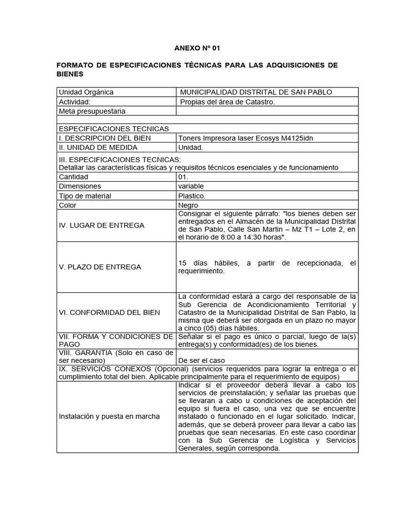 ANEXO #01 - Requerimiento Toners | PDF