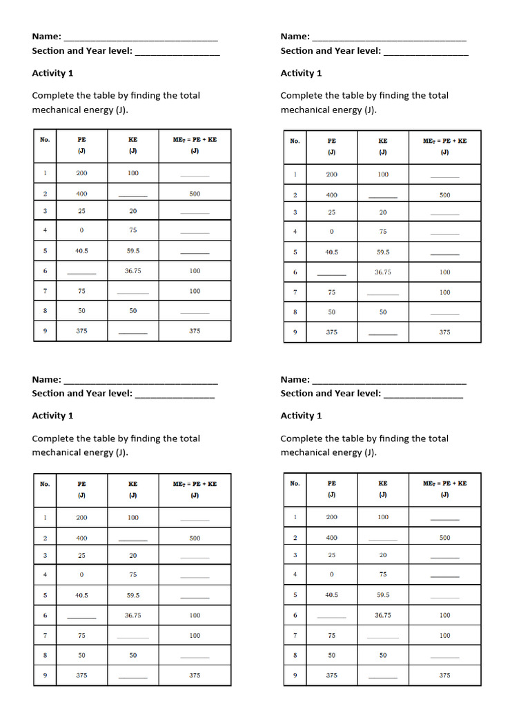 Total Number of Mechanical Energy Worksheet | PDF | Computers