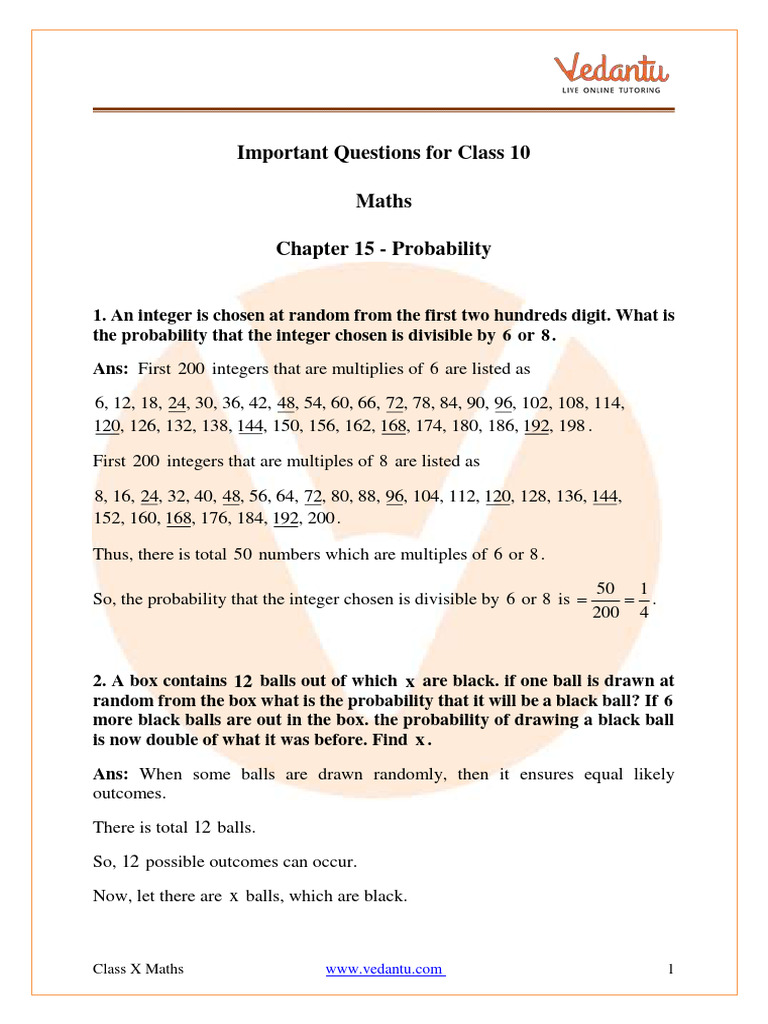 CBSE Class 10 Maths Chapter 15 - Probability Important Questions 2023 ...