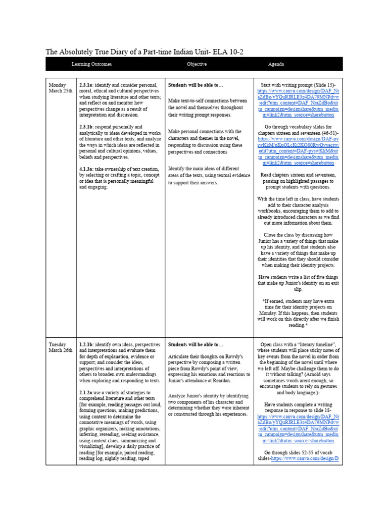 Ela 10-2 Atd March 25th-28th Lesson Plans | PDF | Psychological ...
