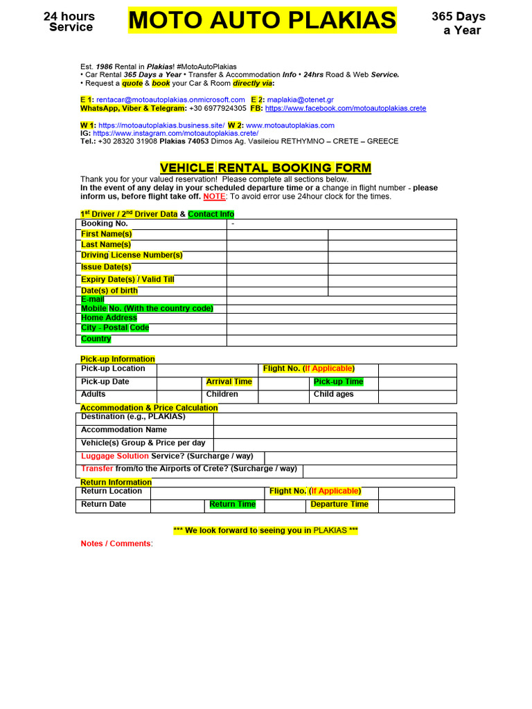 Vehicle Rental Booking Form | PDF