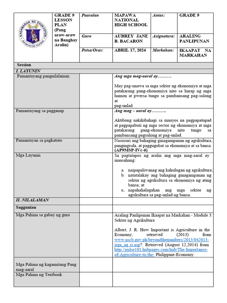 Lesson Plan - Sektor NG Agrikultura | PDF