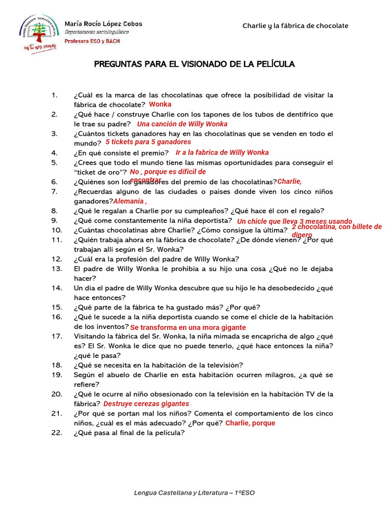Preguntas sobre "Charlie y la fábrica" | PDF