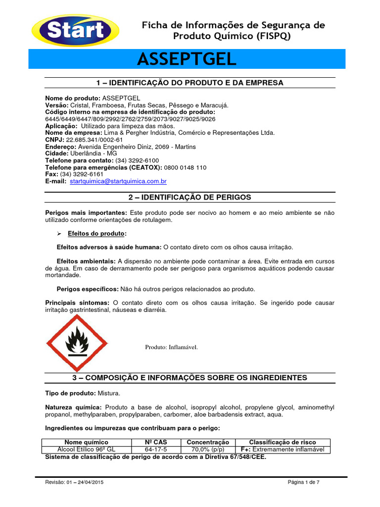 FISPQ - ASSEPTGEL | PDF | Embalagem e rotulagem | Primeiros socorros