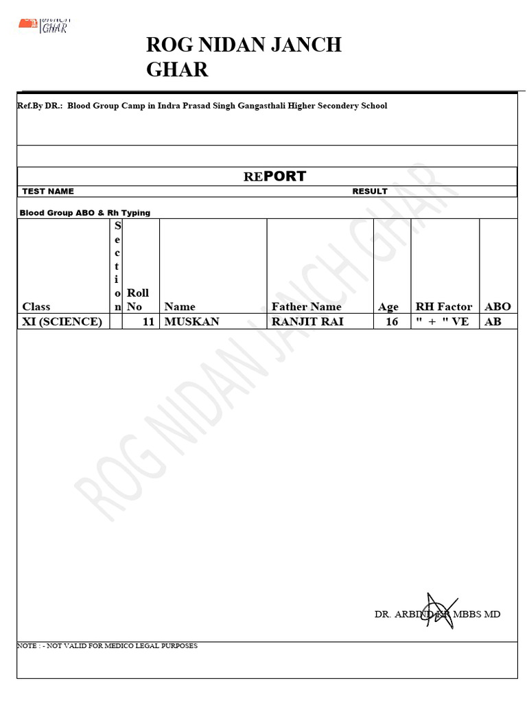 Blood Group Test Report for Students | PDF