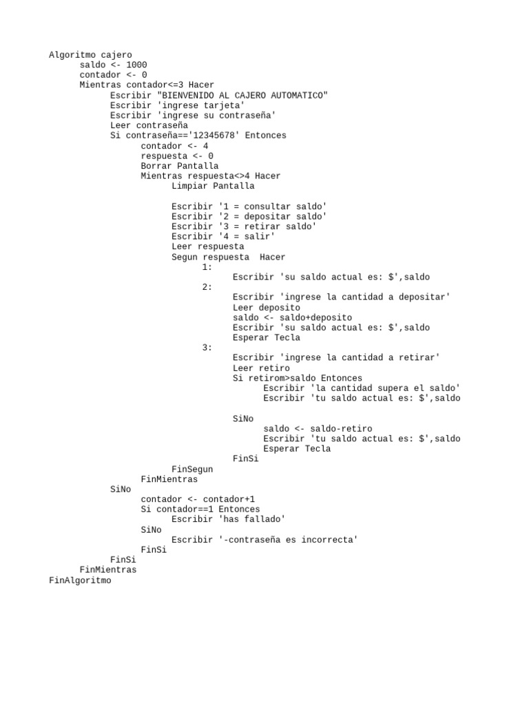 Algoritmo Cajero Automatico Pseint | PDF