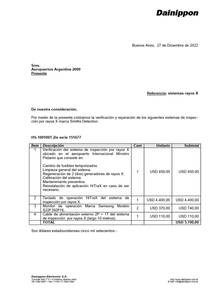 AA2000 221227 Verificación Reparacion Rayos X Ezeiza | PDF | Dólar de los Estados Unidos
